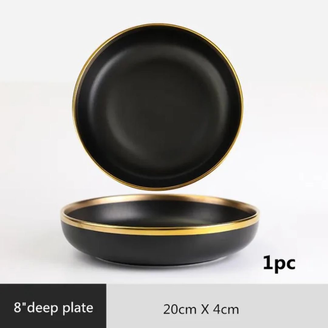 Porcelain Dinner Plates Set: Elegant Black & Gilt Rim